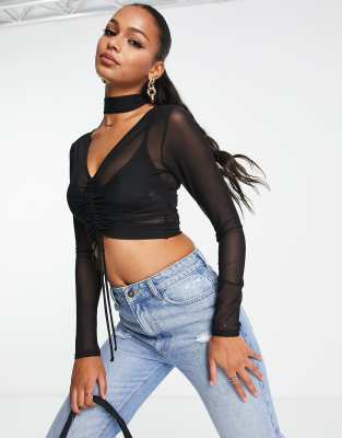 ASOS DESIGN – Netzstoff-Oberteil in Schwarz mit Raffung und Halsband-Detail | ASOS