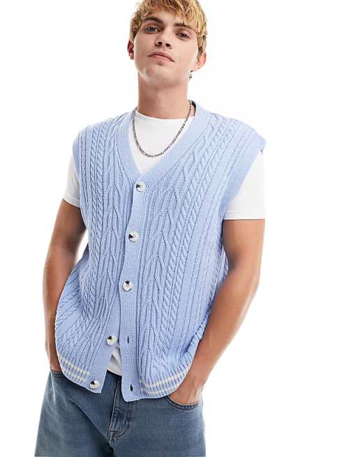 ASOS DESIGN – Niebieski kardigan bez rękawów z dzianiny o warkoczowym ... ASOS DESIGN – Niebieski kardigan bez rękawów z dzianiny o warkoczowym ...