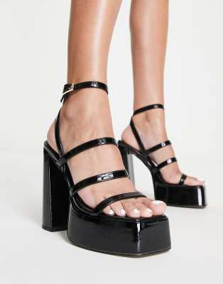 ASOS DESIGN – Nighty – Sandalen mit Plateau-Absatz in Schwarz mit drei ...