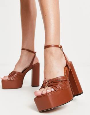 ASOS DESIGN Nixie ring detail platform high heeled sandals in tan | ASOS