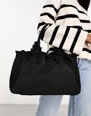ASOS DESIGN nylon ruffle tote bag in black | ASOS