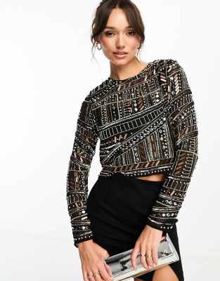 ASOS DESIGN – Oberteil in Schwarz und Silber mit Schulterpolster und ...