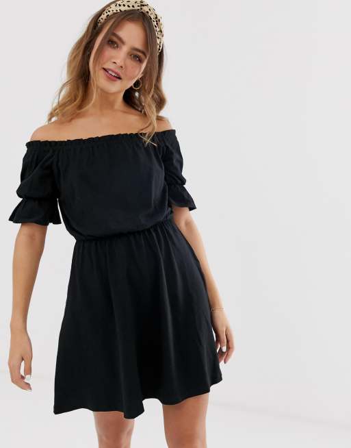 Asos Design Off Shoulder Mini Sundress With Puff Sleeve Asos