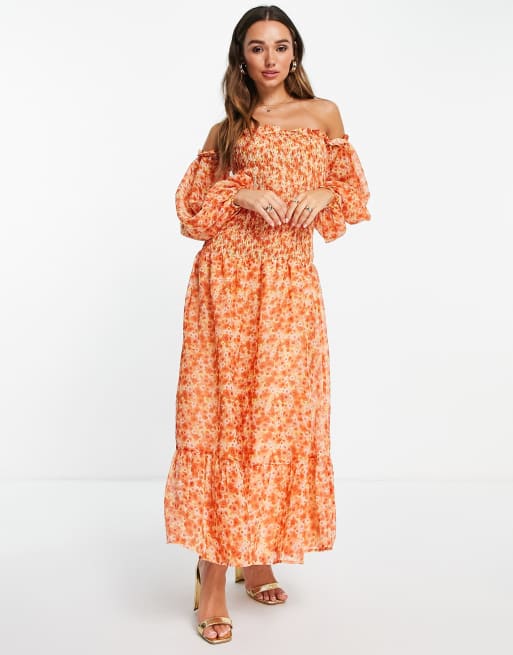 ASOS DESIGN off shoulder shirred maxi dress in ditsy print | ASOS