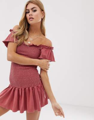 ASOS DESIGN off shoulder shirred sundress in oil wash | ASOS