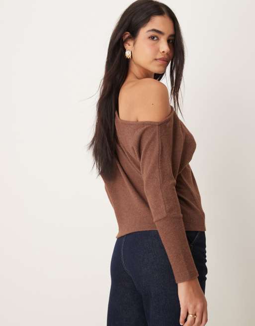 ASOS DESIGN off shoulder slouchy supersoft top in brown | ASOS