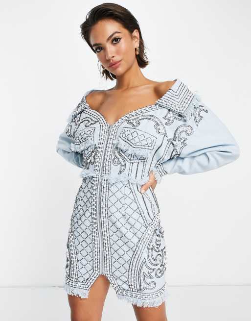 ASOS DESIGN off shoulder structured mini dress with pearl embellishment ...