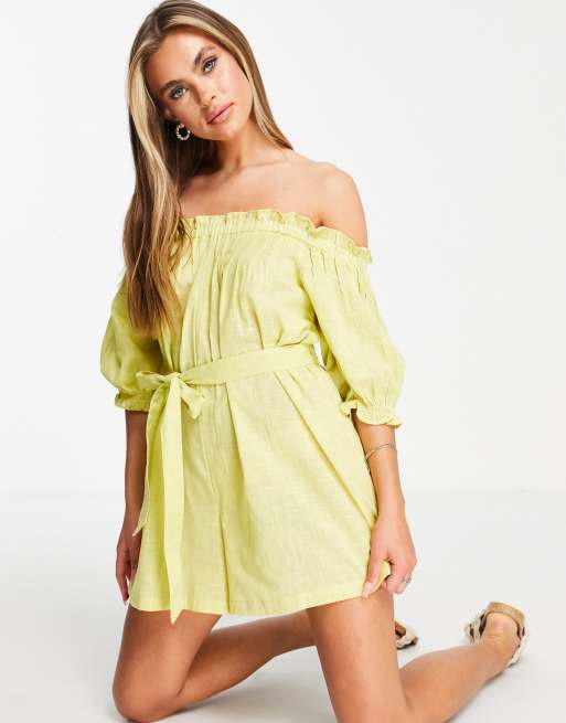 ASOS DESIGN off shoulder super crinkled belted romper in chartreuse | ASOS