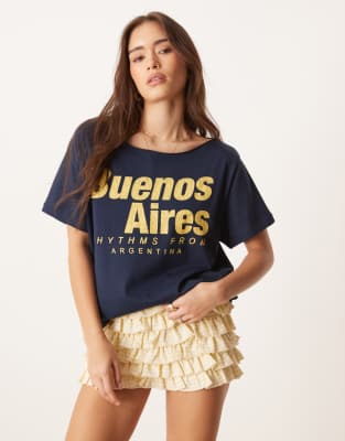 ASOS DESIGN off-shoulder tee with Buenos Aires graphic in navy | ASOS