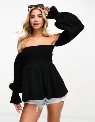 ASOS DESIGN off shoulder textured blouse in black | ASOS