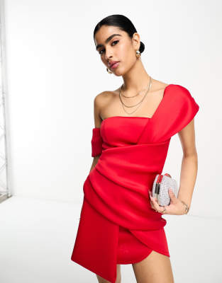 ASOS DESIGN off shoulder wrap sash detail mini dress in red | ASOS