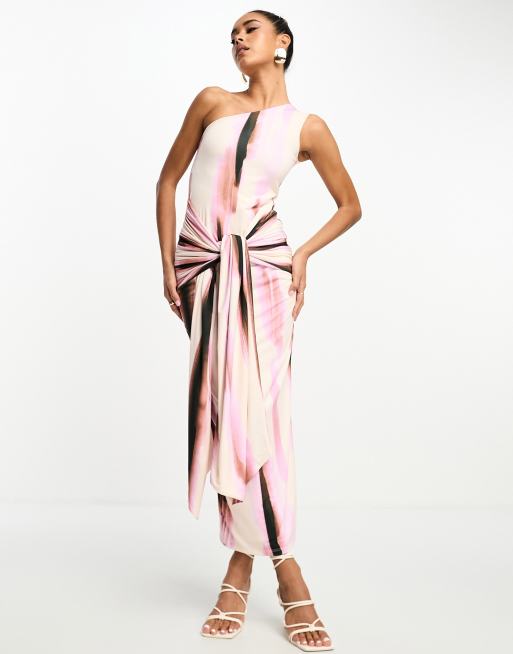Asos Design One Shoulder Extreme Knot Sash Midaxi Dress In Print Asos