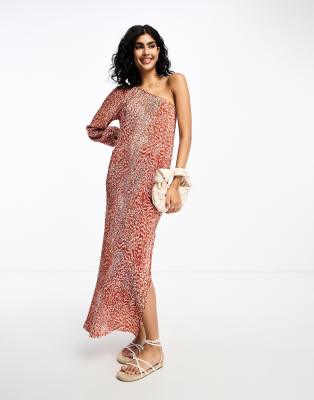 Asos Design One Shoulder Volume Sleeve Plisse Maxi Dress In Orange ...