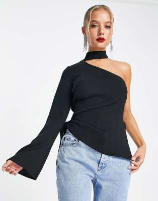 ASOS DESIGN one sleeve top with choker neck & tie side in black | ASOS