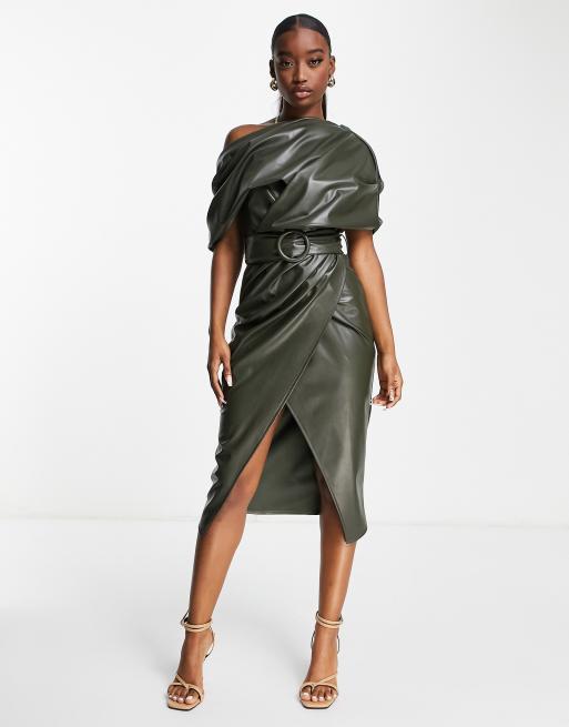Asos Design Ołówkowa Sukienka Midi Z Opadającym Ramieniem I Paskiem Z