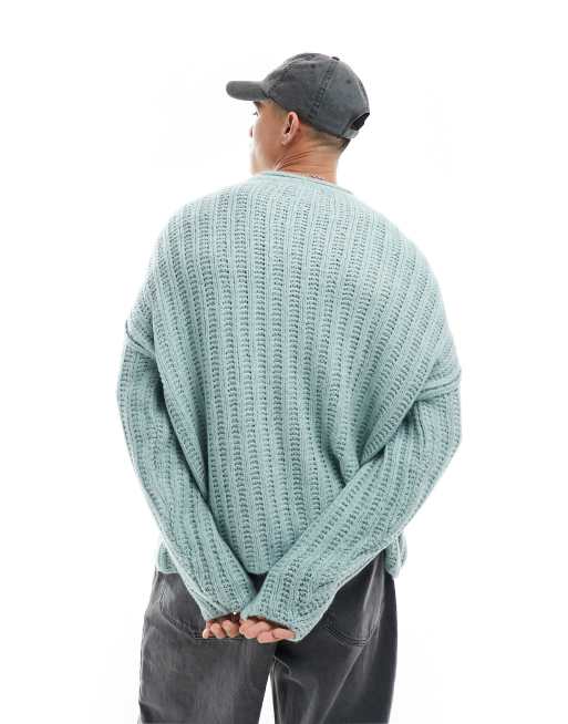 ASOS DESIGN open knit lightweight fluffy ribbed sweater in light blue ...
