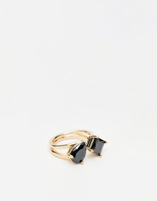 ASOS DESIGN open ring with split band and black stones in gold tone | ASOS