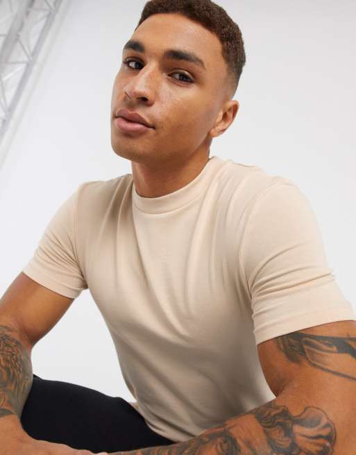 Asos Design Organic Muscle Fit T Shirt In Beige Asos