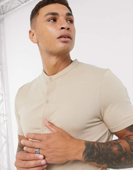 Asos Design Organic Short Sleeve Muscle Fit Jersey Shirt With Grandad