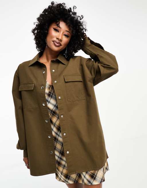 Asos Design Oversize Hemdbluse In Verwaschenem Khaki Asos