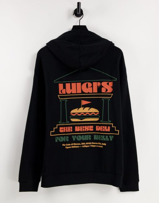 Asos Design Oversize Kapuzenpullover In Schwarz Mit „pizzeria