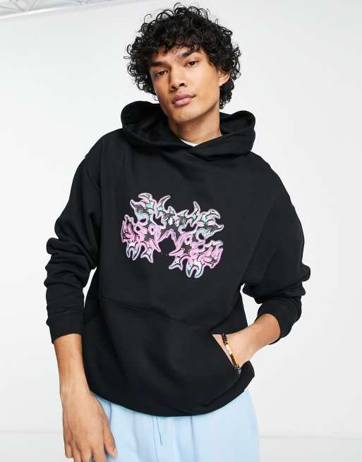 Asos Design Oversize Kapuzenpullover In Schwarz Mit Print Vorne Asos