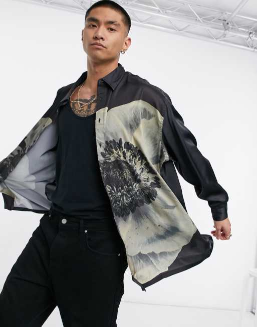 Asos Design Oversize Satinhemd In Schwarz Mit Großem Blumenprint Asos