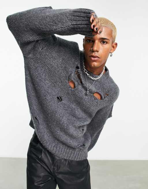 Asos Design Oversize Strickpullover In Hellgrau Mit Zierrissen Asos