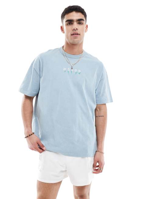 Asos Design Oversize T Shirt In Verwaschenem Blau Mit Blumenprint Auf