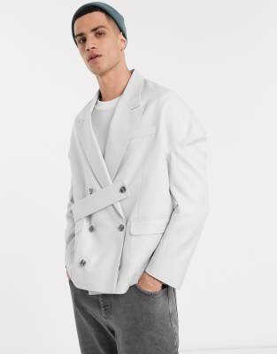 Asos Design Oversized Blazer With Strap Details In Gray Texture | ModeSens