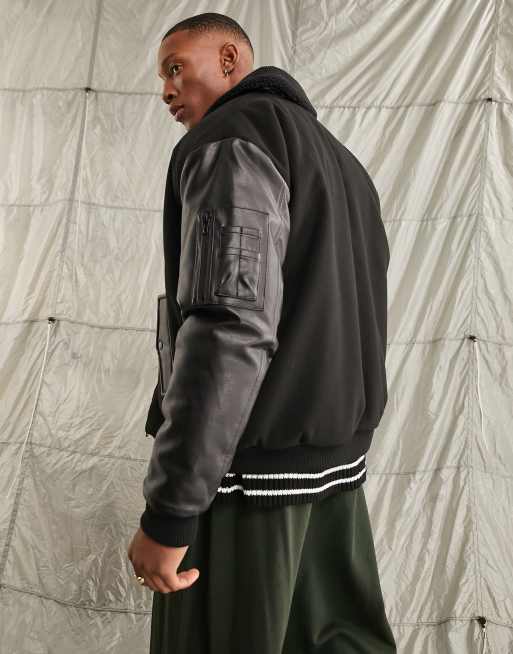 ASOS DESIGN oversized bomber jacket with borg collar in black | ASOS