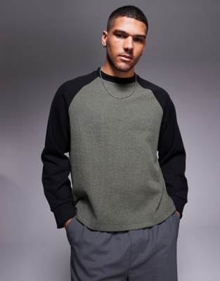 ASOS DESIGN oversized boxy contrast raglan t-shirt in khaki waffle and black waffle | ASOS