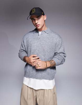 ASOS DESIGN oversized boxy fit knitted polo in grey | ASOS
