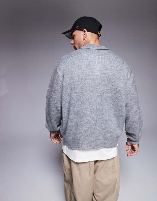 ASOS DESIGN oversized boxy fit knitted polo in grey | ASOS