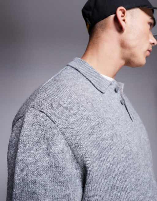 ASOS DESIGN oversized boxy fit knitted polo in grey | ASOS