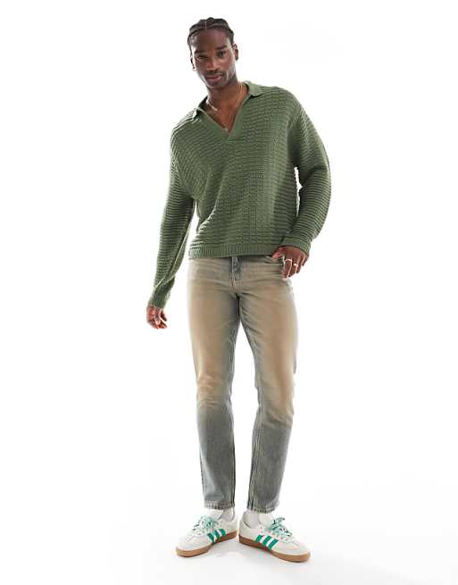 ASOS DESIGN oversized boxy knit long sleeve polo shirt with ASOS DESIGN oversized boxy knit long sleeve polo shirt with