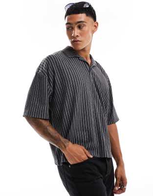 ASOS DESIGN oversized boxy polo shirt with texture in sage stripe | ASOS