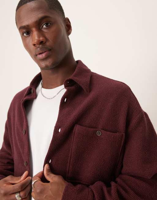 ASOS DESIGN oversized boxy shirt with boucle texture in burgundy | ASOS