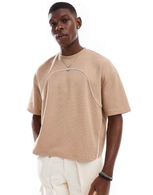 ASOS DESIGN oversized boxy T-shirt in waffle with piping in beige | ASOS