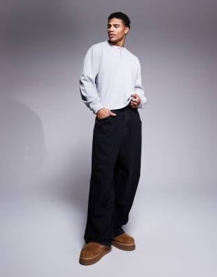 ASOS DESIGN oversized boxy waffle long sleeve t-shirt with henley neck in charcoal | ASOS