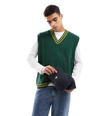 ASOS DESIGN oversized cable knit cricket tank in green & mustard ...