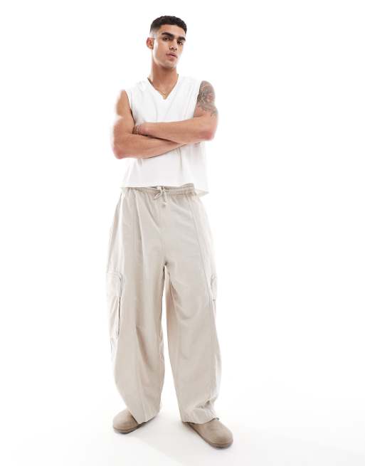 Asos Design Oversized Cargo Pants In Neutral Linen Mix Texture Asos