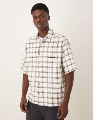 ASOS DESIGN oversized check shirt with chest embroidery in brown | ASOS