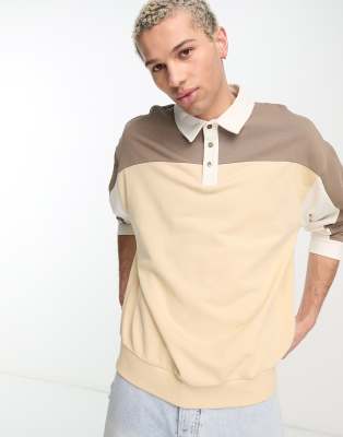 ASOS DESIGN oversized colour block polo sweatshirt in tonal beige ...