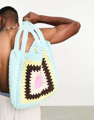 ASOS DESIGN oversized crochet crossbody tote bag in blue | ASOS