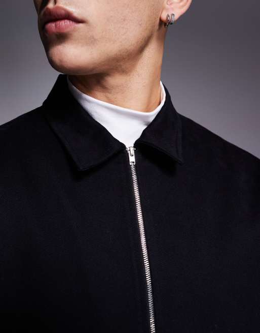 ASOS DESIGN oversized cropped harrington shacket in black | ASOS