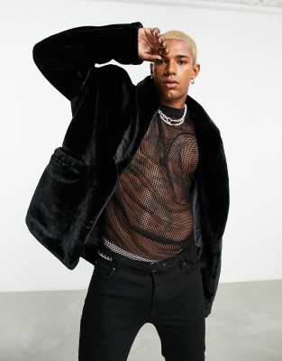 ASOS DESIGN oversized faux fur belted blazer in black | ASOS