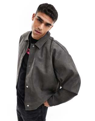 ASOS DESIGN oversized faux leather shacket in washed black | ASOS