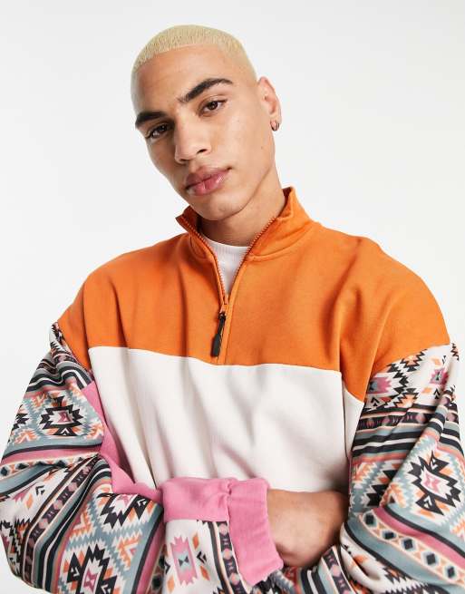 Asos Design Oversized Half Zip Festival Sweatshirt In Brown Blocking