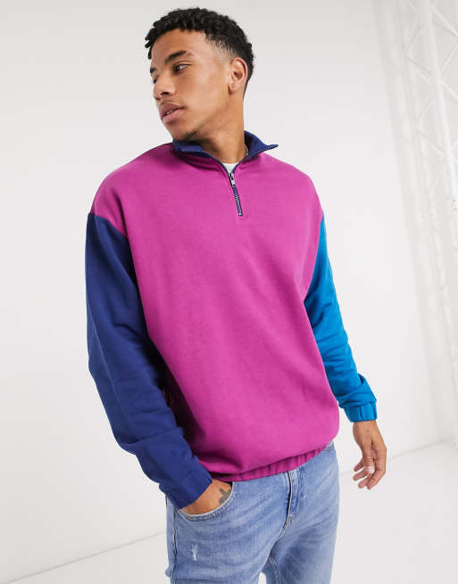 Asos Design Oversized Half Zip Sweatshirt In Color Block Asos